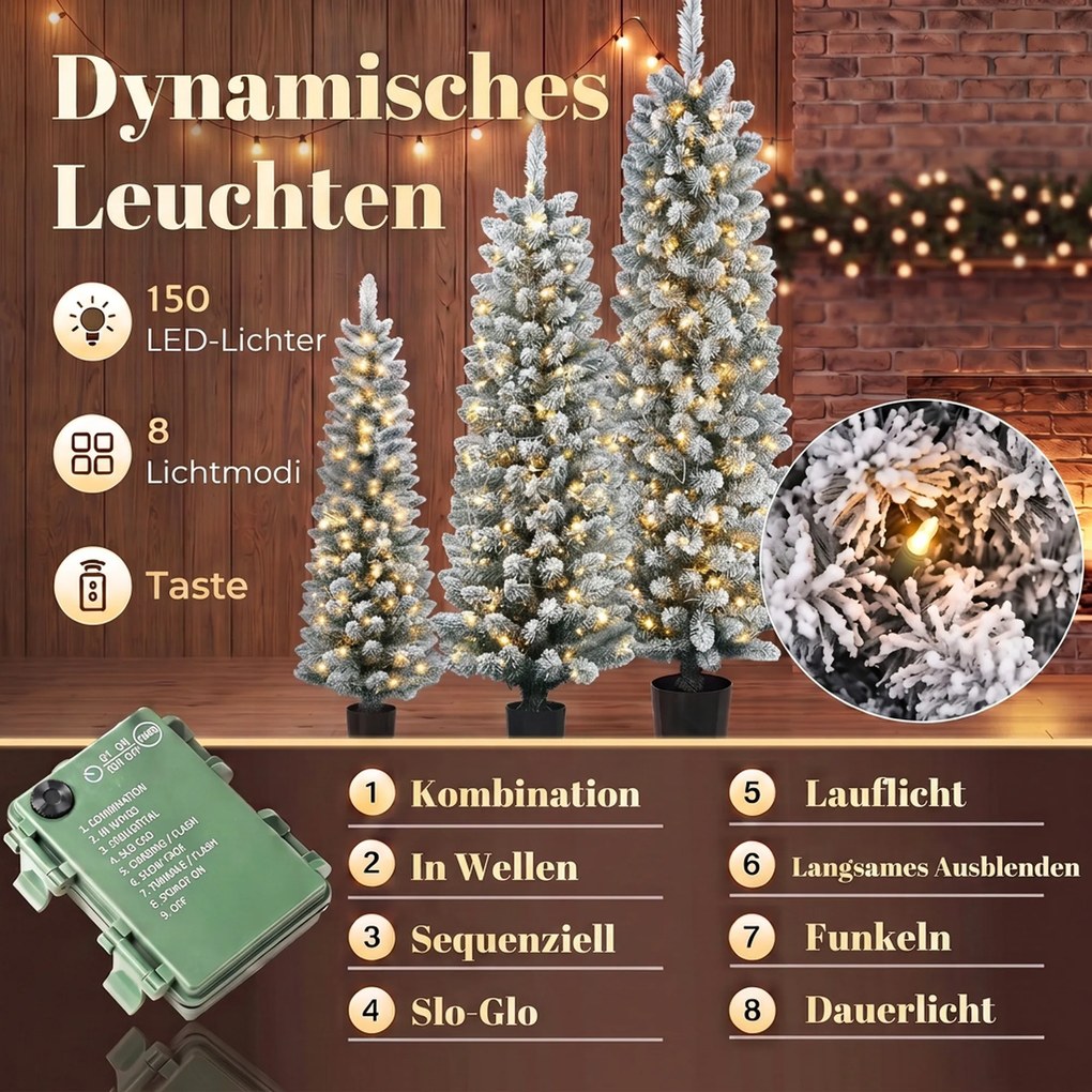 HOMCOM Sada 3 ks sněhem pokrytých LED vánočních stromků, úzké, s PVC větvemi, 90/120/150 cm