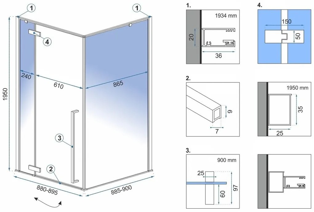 Čtvercový sprchový kout REA FARGO 90x90 cm, černý matný/transparent - bez vaničky