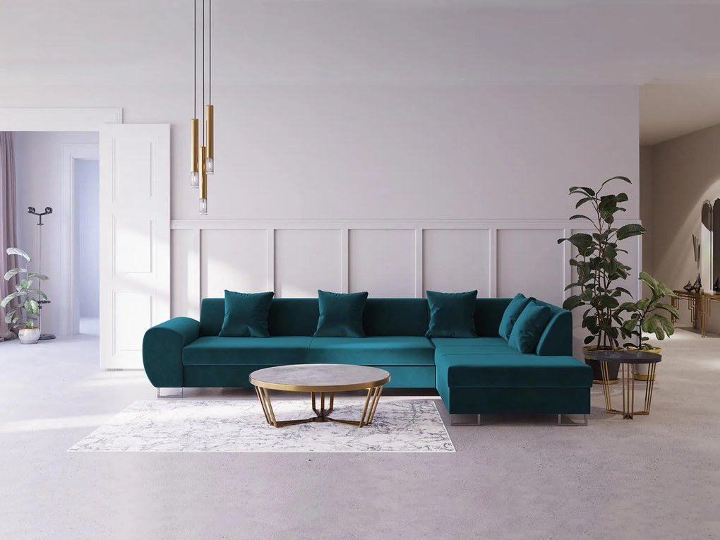 KOOKO HOME Rohová rozkládací sametová pohovka s úložným prostorem Adagio XL pravý roh