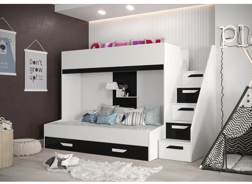Dětská kombinovaná postel 90 cm Puro 16 (matná bílá + bílý lesk + černý lesk). 1087105