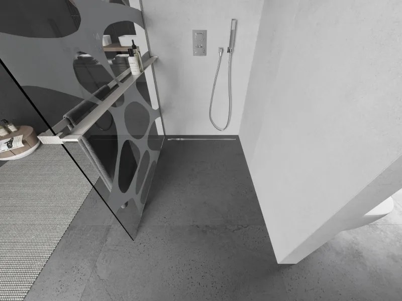 Mexen Kioto+ L, sprchová zástěna Walk-In s poličkou a věšákem 80 x 200 cm, 8mm čiré sklo bílý vzor, ​​broušená ocel profil, 800-080-123-97-97