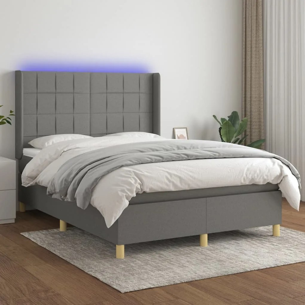 Box spring postel s matrací a LED tmavě šedá 140x190 cm textil 3138870