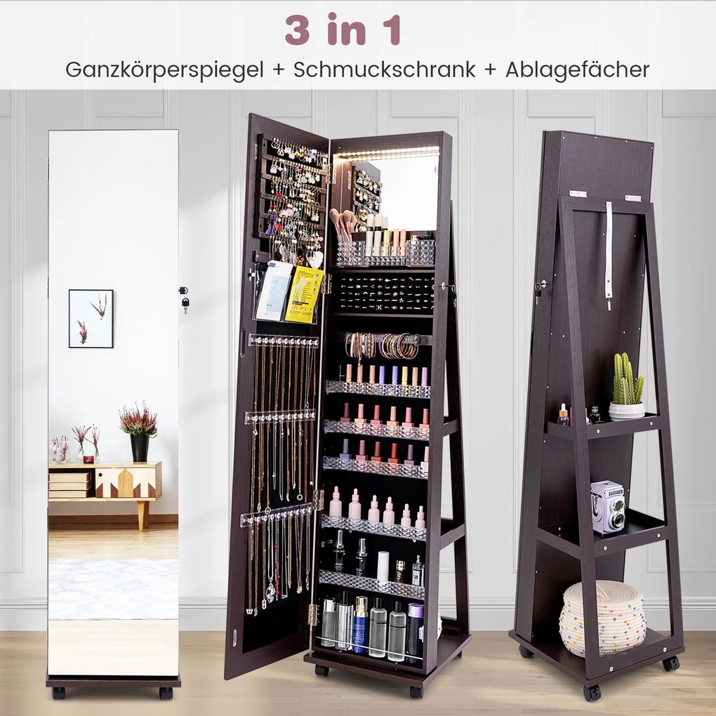 Costway Uzamykatelná šperkovnice s integrovaným make-up zrcadlem