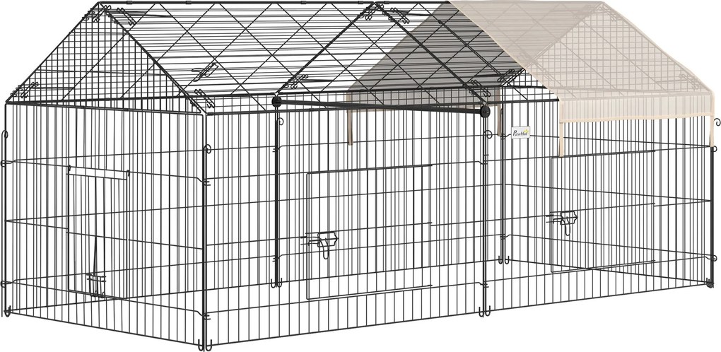 Venkovní výběh PawHut s ochranou proti slunci pro malá zvířata 220 x 103 cm, kovová králíkárna v béžové a černé barvě