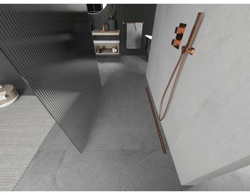 Mexen Kioto, sprchová zástěna Walk-In 110 x 200 cm, 8mm sklo s žebrovým vzorem, růžové zlato profil, 800-110-002-60-09