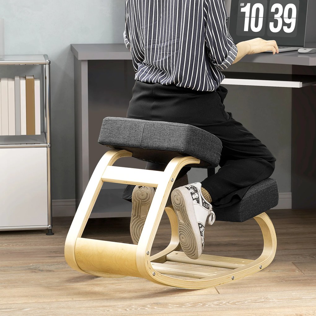Ergonomická klečící židle Vinsetto s rámem z březového dřeva, molitanovým a polyesterovým polstrováním pro domácnost a kancelář, černá