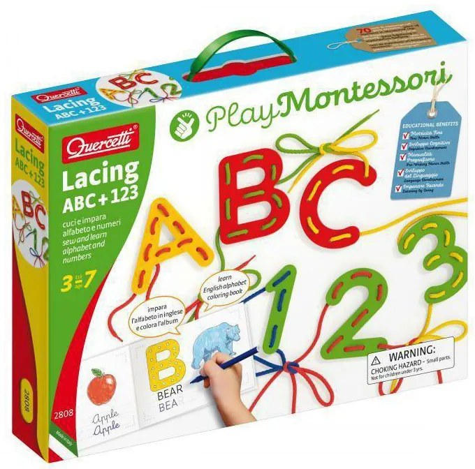 Quercetti Lacing ABC + 123 alphabets and numbers – provlékací souprava s písankou a omalovánkami