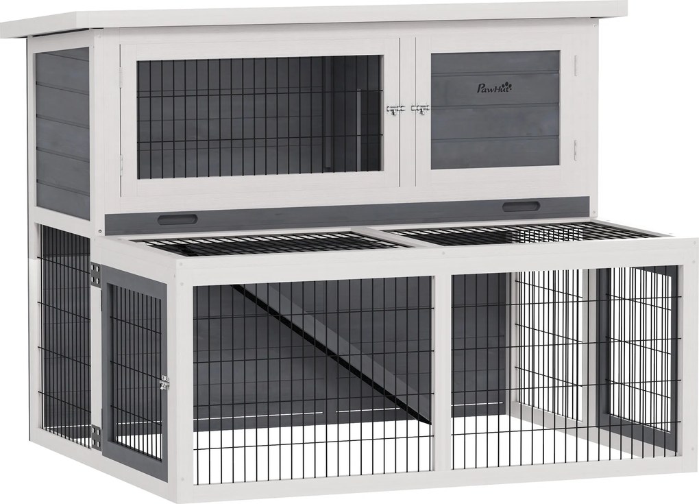 PawHut Kotec pro králíky 2 patra se skládací střechou, dřevěná králičí klec, zimní dvoupodlažní dům s výběhem 122x95x93,5 cm, venkovní úkryt pro malé…