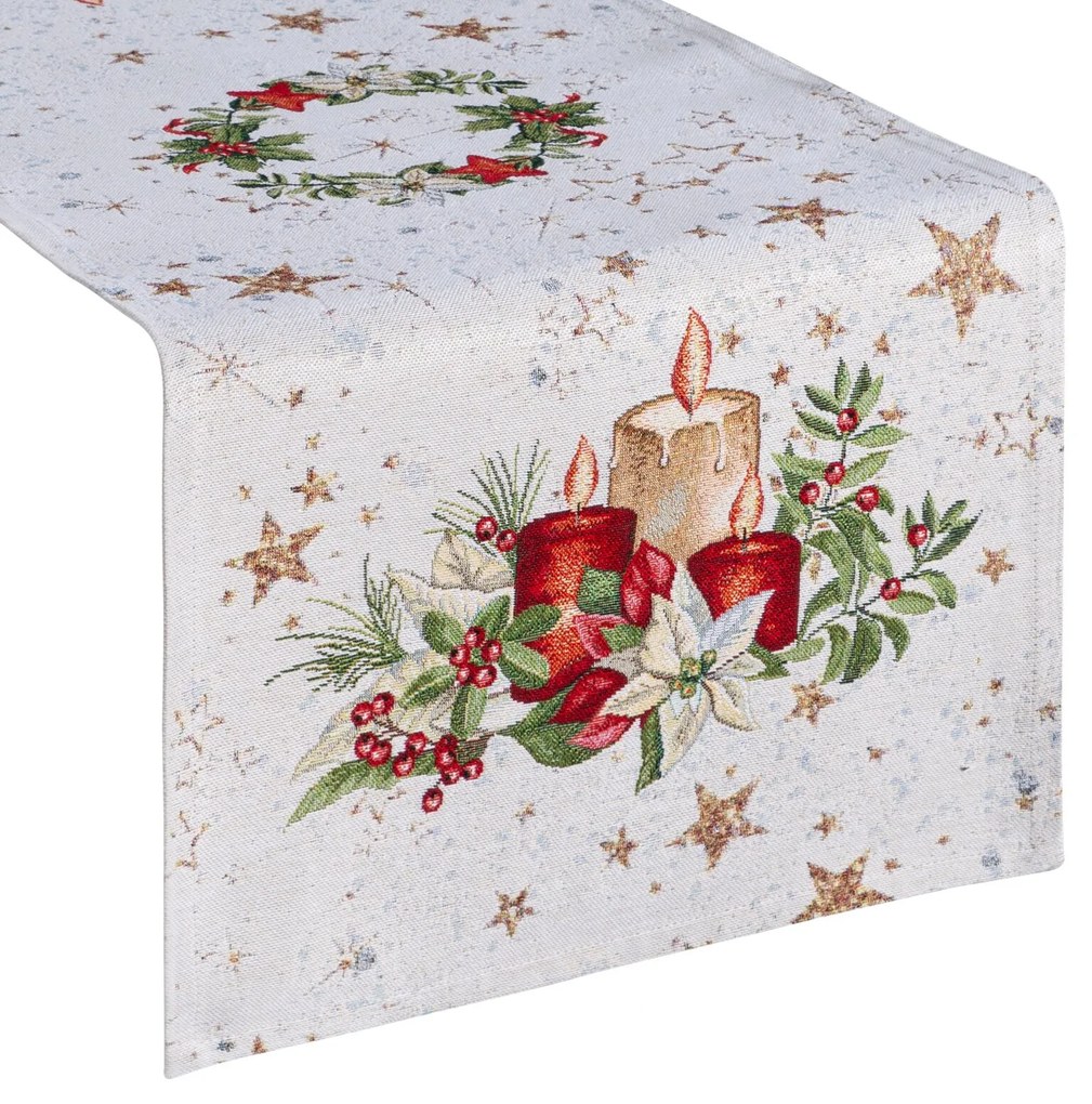 VÁNOČNÍ GOBELÍNOVÝ BĚHOUN NA STŮL CANDLES 45X140 CM VZOROVANÁ