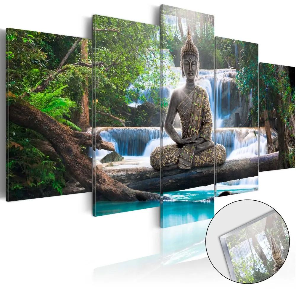 Obraz na skle Bimago - Buddha and Waterfall 100x50 cm