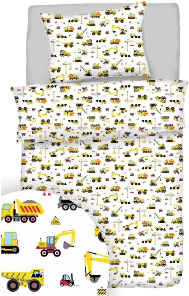 Povlečení bavlněné dětské Stavební stroje TiaHome - 1x Polštář 90x70cm, 1x Přikrývka 140x200cm