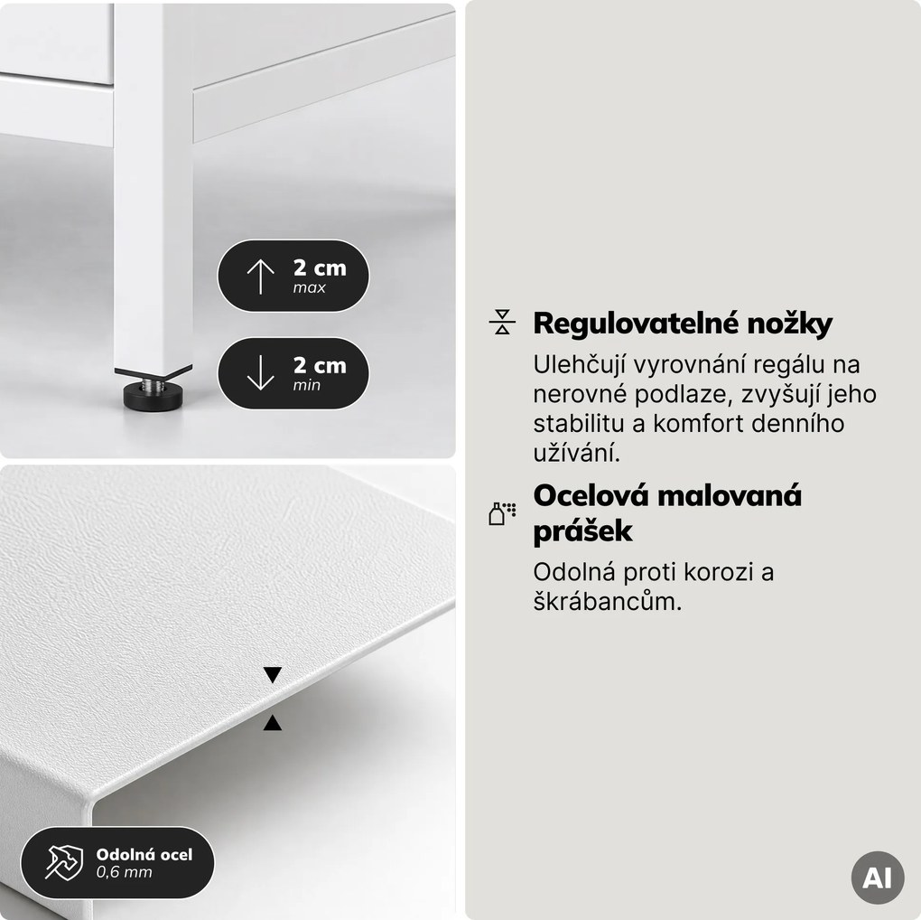 Regál se zásuvkami do kanceláře, na pořadače a dokumenty, otevřené police, kovový, bílý, 800x2200x400 mm: ARIEL