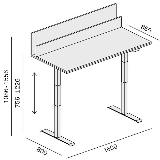 Výškově nastavitelný stůl SINGLE LAYERS, 160x80 cm, 2 motory, s přepážkami, bílá