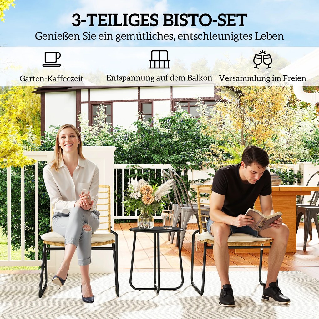 Outsunny 3dílná sada zahradního nábytku, 2 ratanové židle, 1 stůl s kovovou deskou, polštáře na sezení, bistro set, béžová a hnědá barva