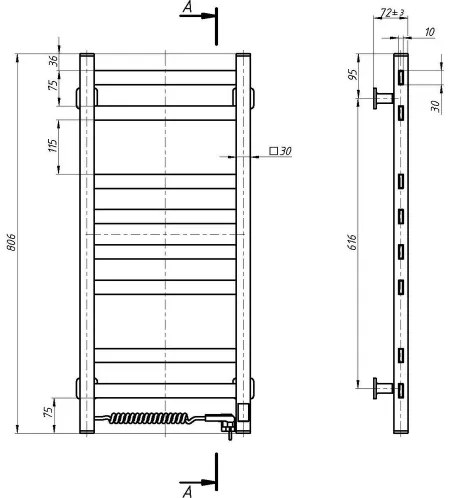 Koupelnový žebříkový radiátor s term. AVANGARD 251W/230V 80,6 cm IP44 bílá levá