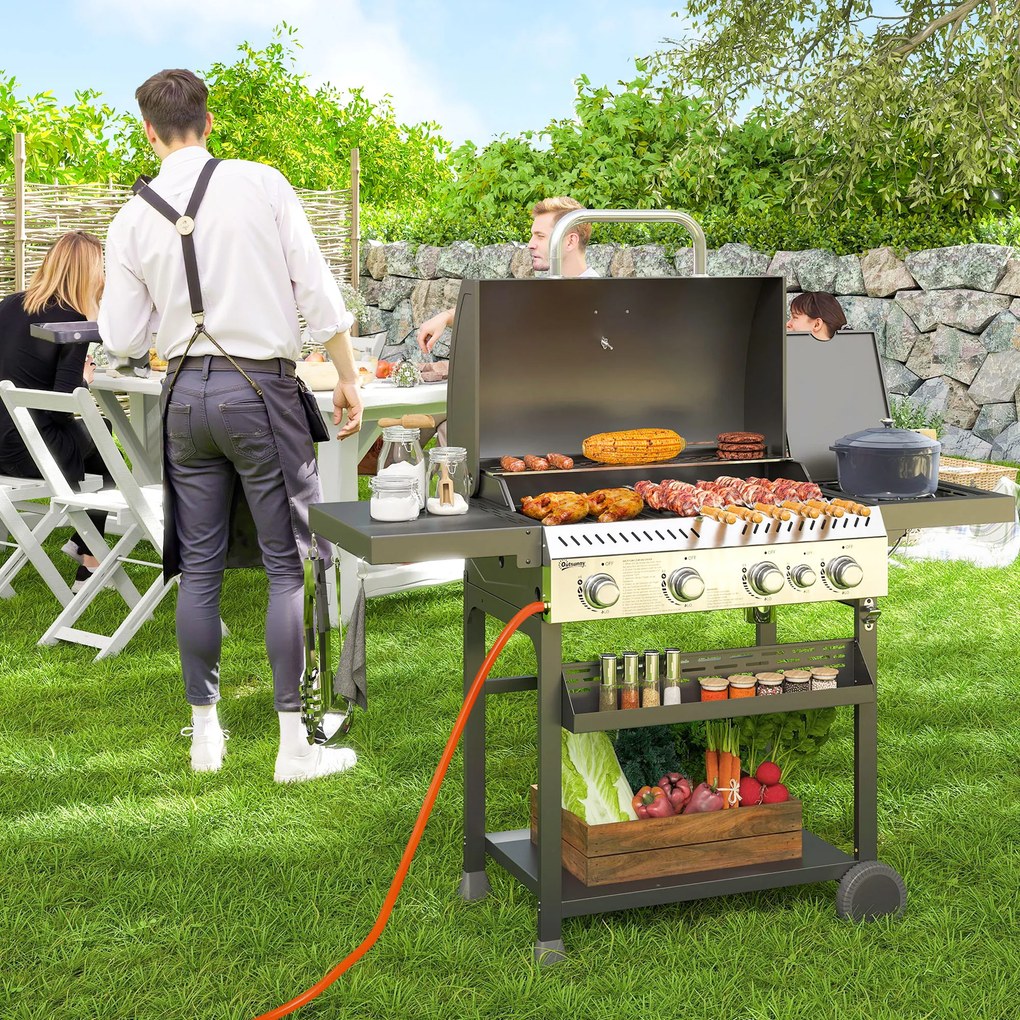 Outsunny Plynový gril, BBQ gril, 4 hlavní hořáky, 1 boční hořák, 1 udržovací plotna; 135 x 55 x 103 cm, černá