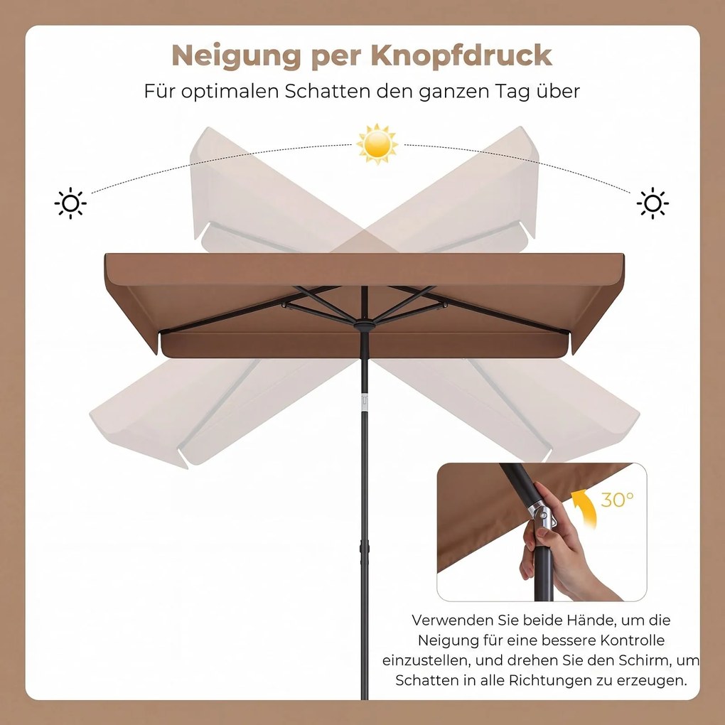 Costway Slunečník Obdélníkový s úhlem sklonu 30° Skládací – 200 × 130 cm, hnědý
