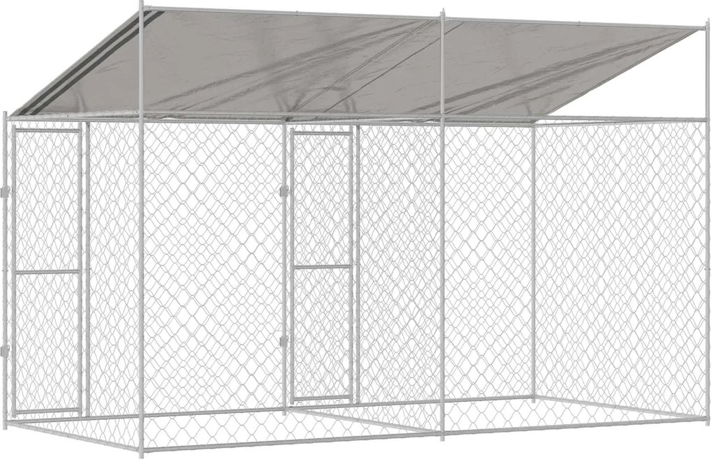 Psí klec s střechou Stříbrná 400 x 200 x 256 cm Ocel a PE 3368298