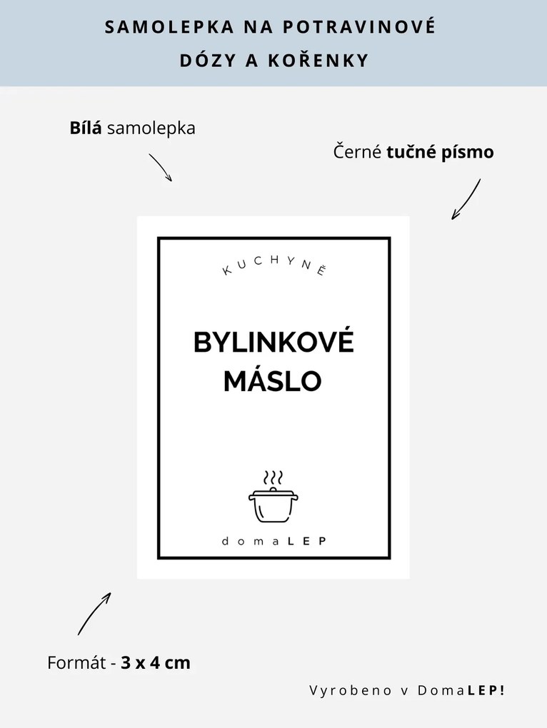 Samolepka na kořenky BYLINKOVÉ MÁSLO bílá 3 × 4 cm tučné písmo