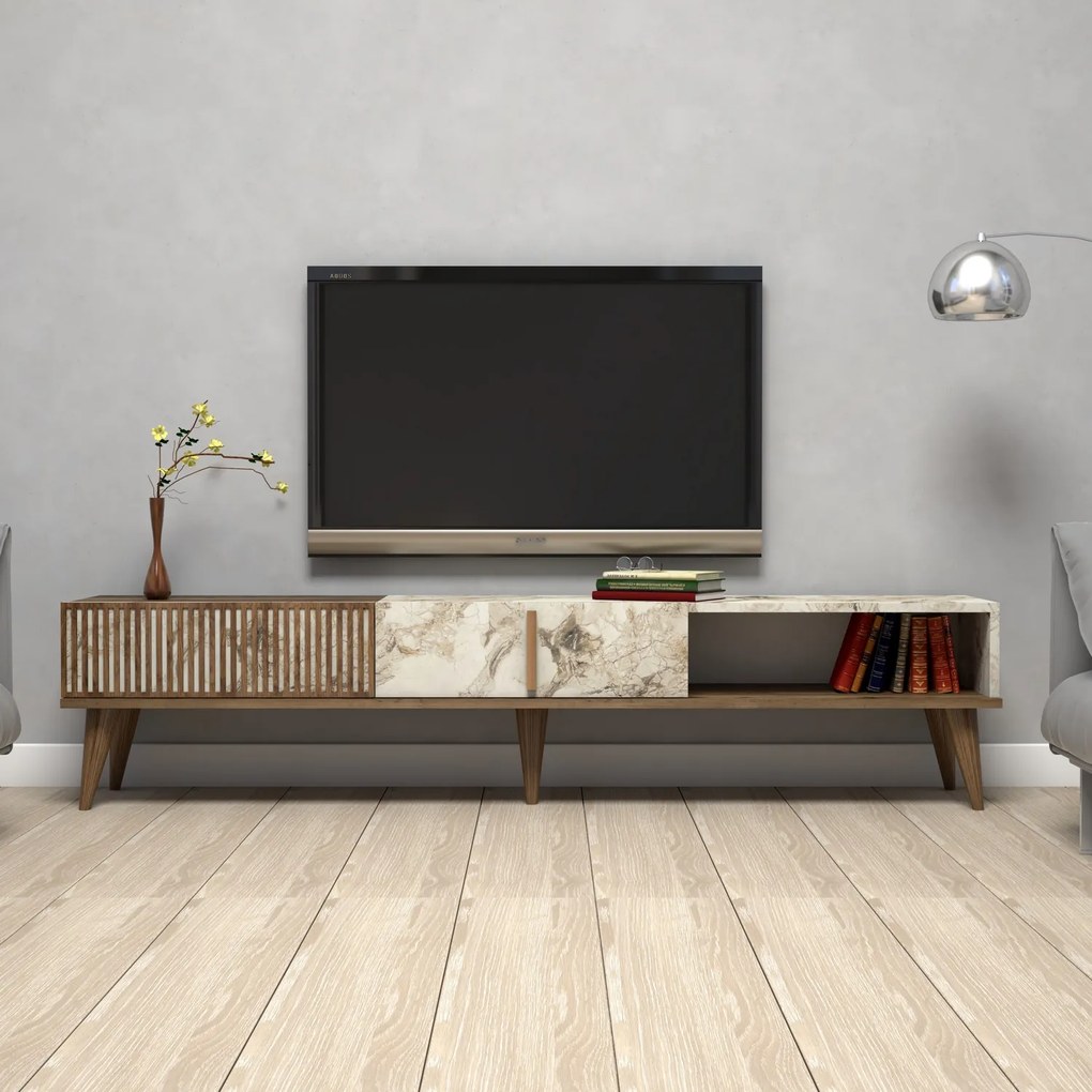 Hanah Home TV stolek Milan - Walnut, White Marble, Ořech, Bílá