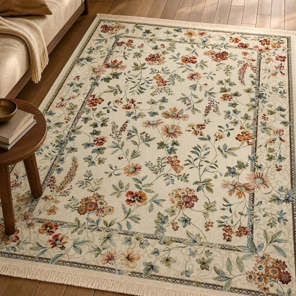Krémový koberec z viskózy 95x140 cm Oriental Flowers – Nouristan