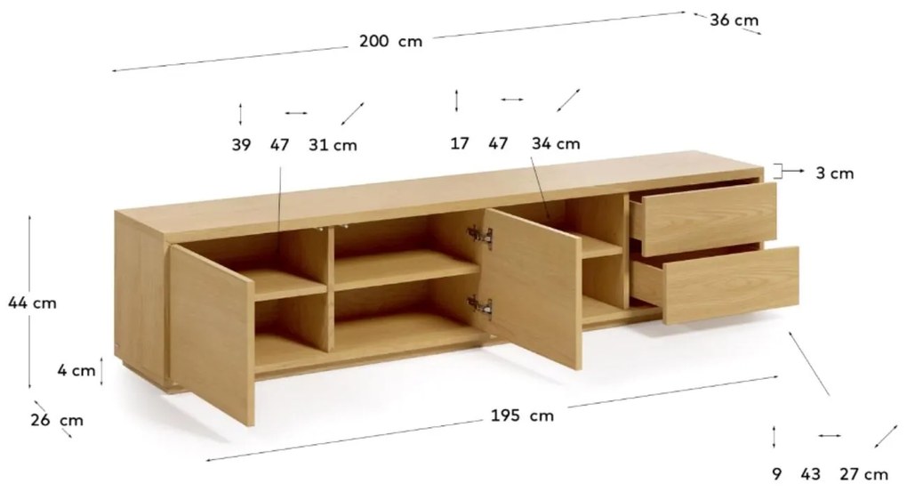 Dubový TV stolek Kave Home Abilen 200 x 36 cm