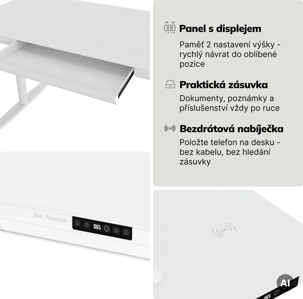 Elektrický psací stůl sit-stand se zásuvkou a bezdrátovou nabíječkou Qi bílý, 1400 mm: ELLIS