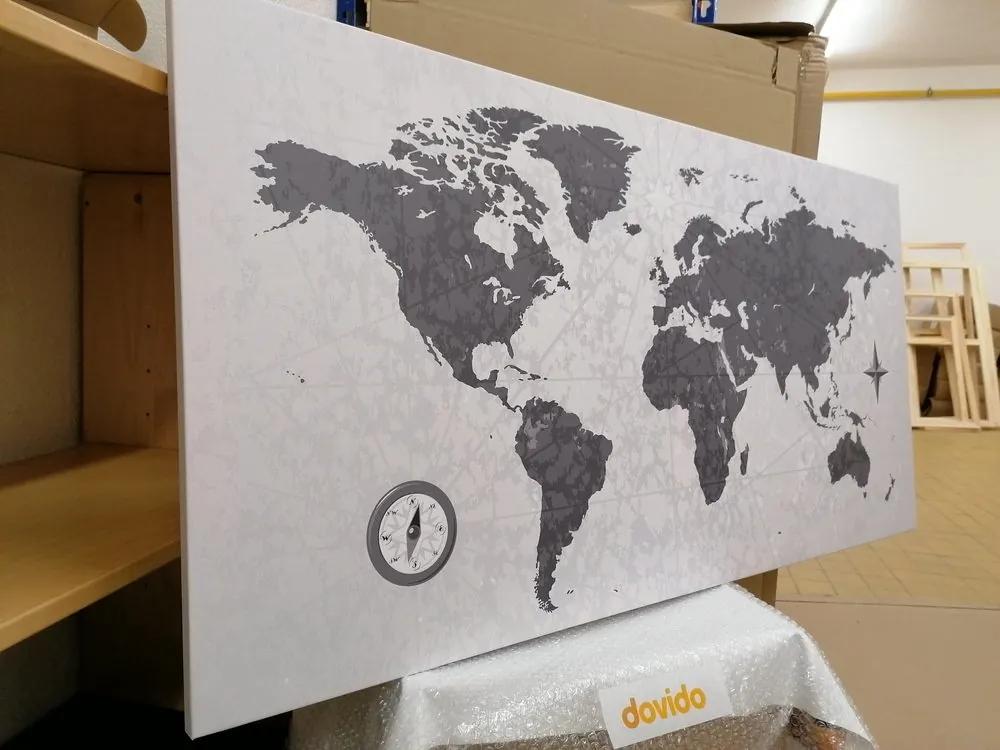 Obraz mapa světa s kompasem v retro stylu v černobílém provedení - 100x50 cm