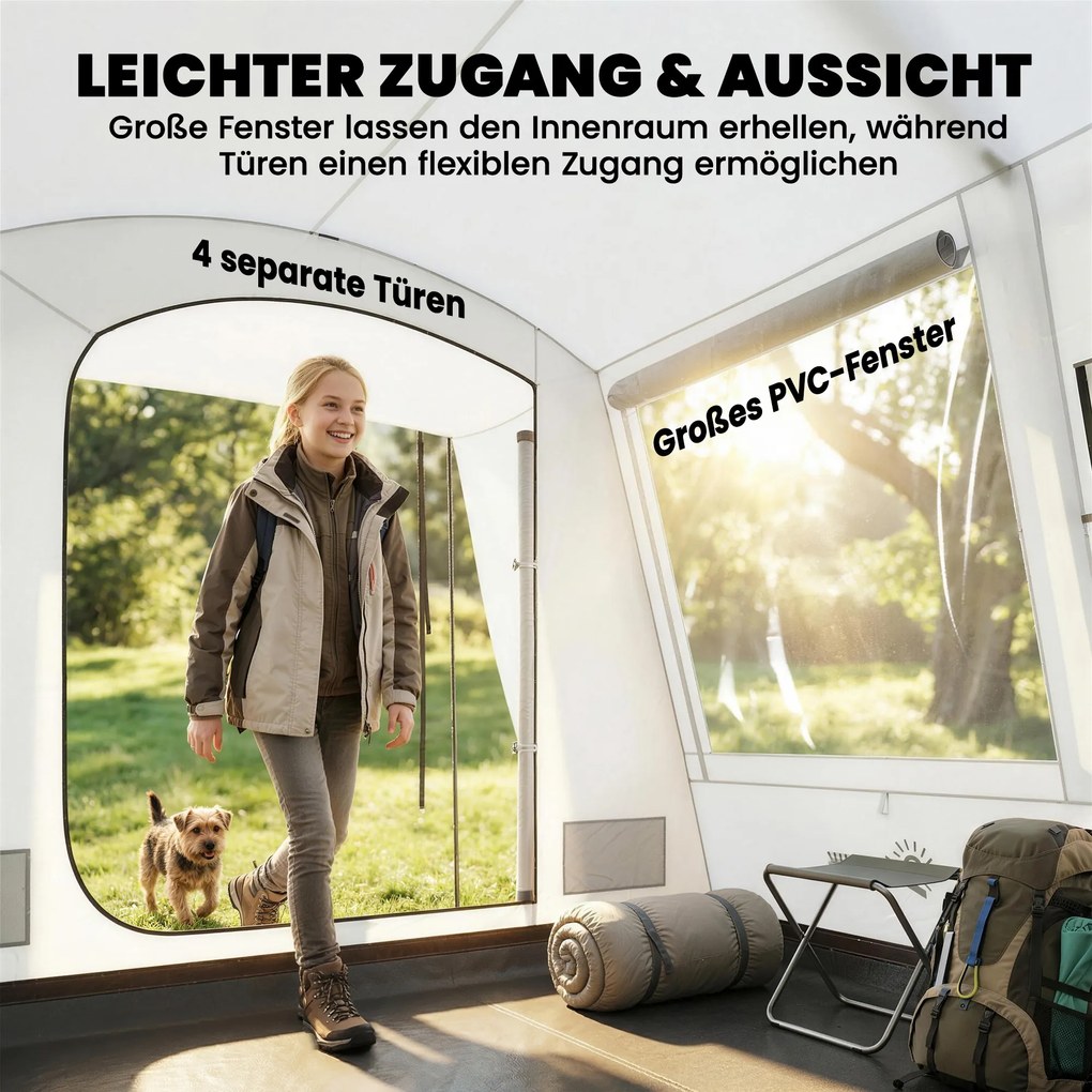Zadní stan pro 2-4 osoby, 320 x 280 x 205 cm 2 v 1 nepromokavý tunelový stan se 4 dveřmi a okénkem na zemi