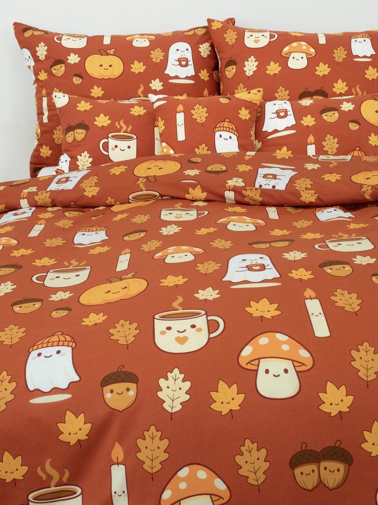 MK Lůžkoviny Prodloužené bavlněné povlečení Renforcé - Strašidelný podzim terakota 140 × 220 cm, 70 x 90 cm