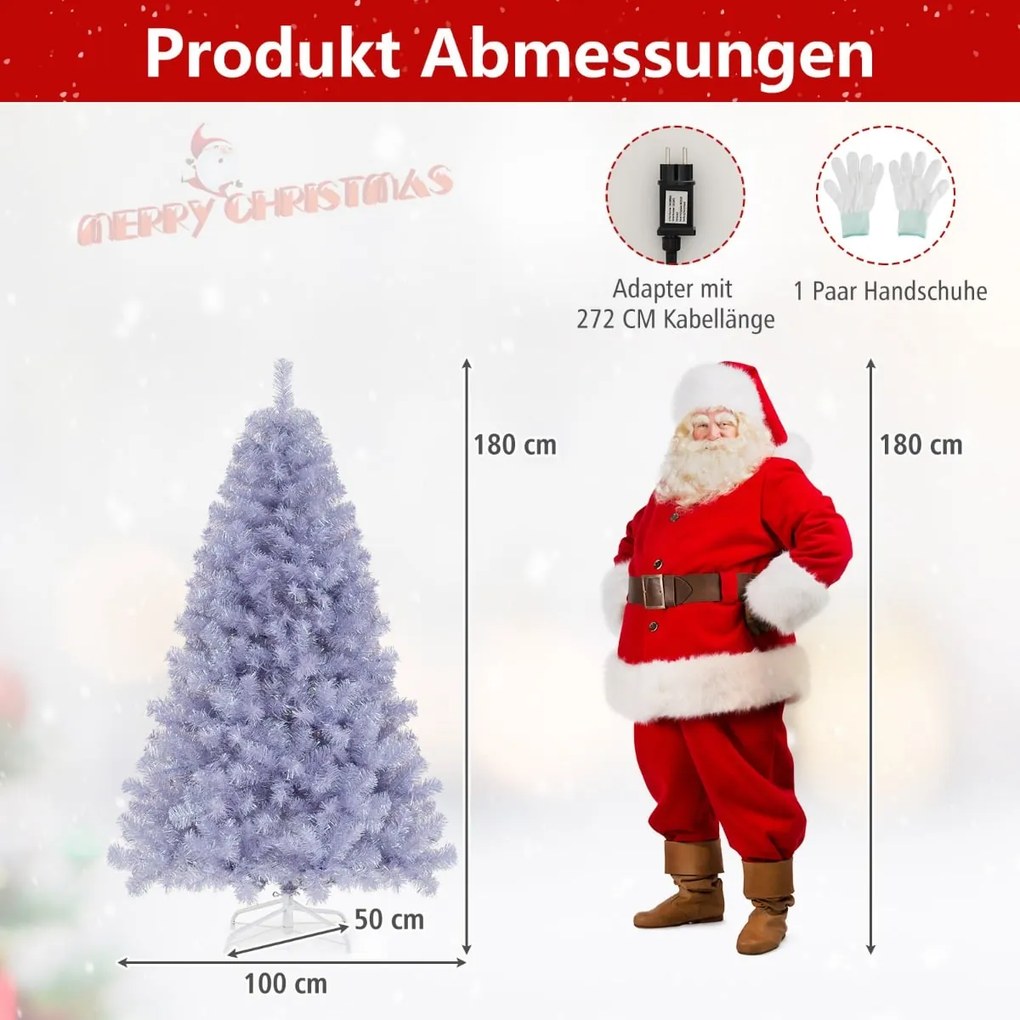 Costway 180 cm Umělý vánoční stromek s osvětlením, vánoční stromek s teplými