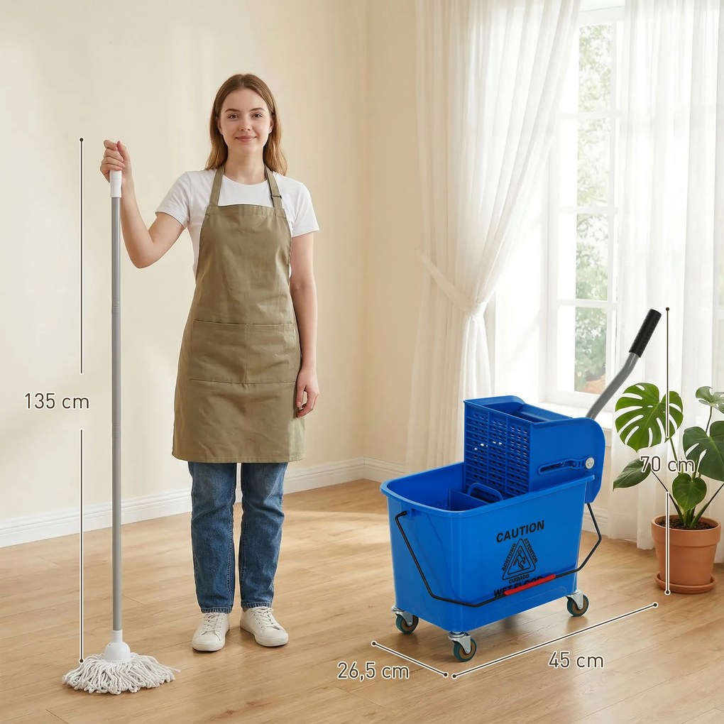 HOMCOM kyblík na vytírání s ždímacím zařízením, přepážkou na oddělení vody a kolečky, objem 20 l pro domácí úklid, 45x26,5x70 cm, modrý