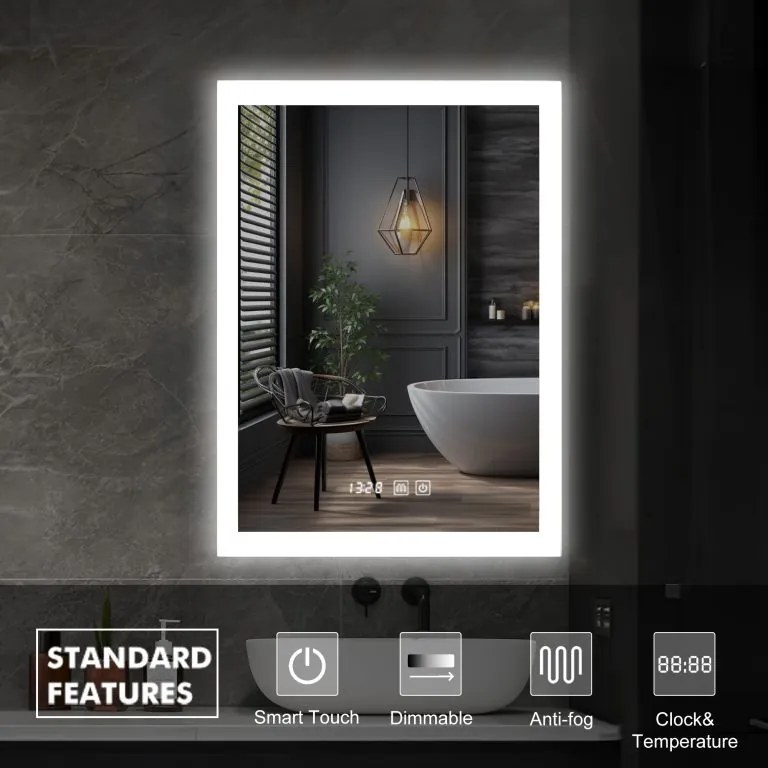 LED zrcadlo 80 × 60 cm s odmlžováním a hodinami