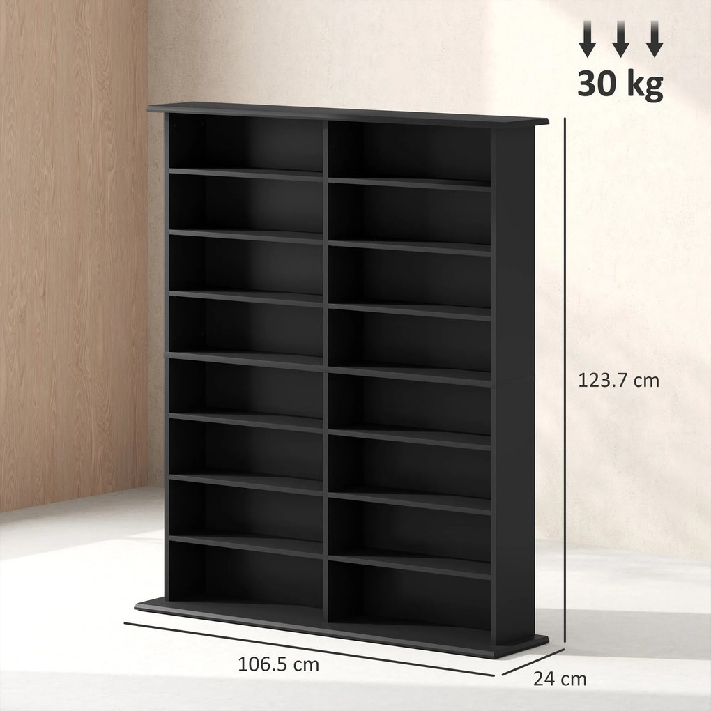 HOMCOM Moderní Knihovna s 16 Policemi pro 720 CD, Držák na CD z Dřevotřísky, 106,5x24x123,7 cm, Černá