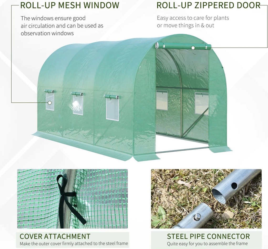 Fóliový skleník na rajčata Outsunny 395x195x190cm s 6 okny ze sítě, kulatý obloukový skleník pro pěstování rostlin a chladicí rám | Aosom.de