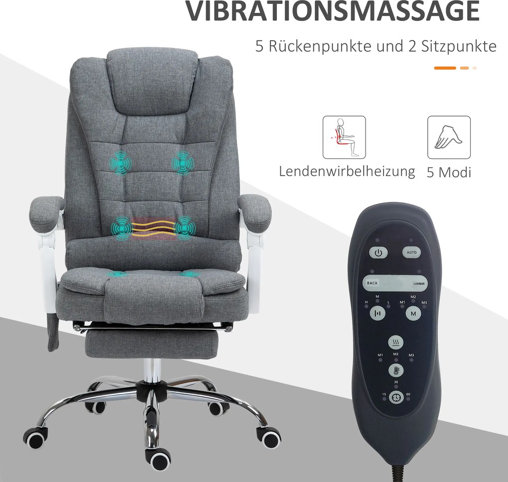 Kancelářská židle Vinsetto s masážní funkcí, výškově nastavitelná, ergonomická kancelářská židle s funkcí polohování, vyhřívání, podnožka