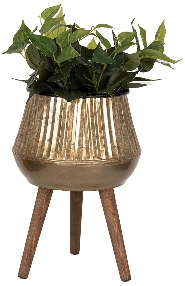 Měděný antik držák na rostliny s dřevěnými nohami - 27*27*39 cm