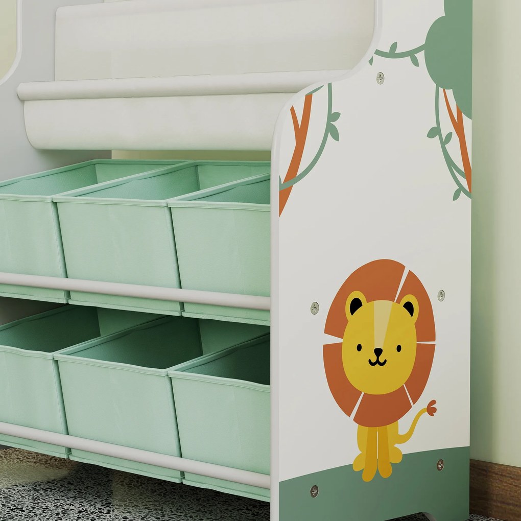 AIYAPLAY dětský regál na hračky se 6 odnímatelnými koši z netkané textilie a 2 policemi pro školku 63x30x71 cm, zelená