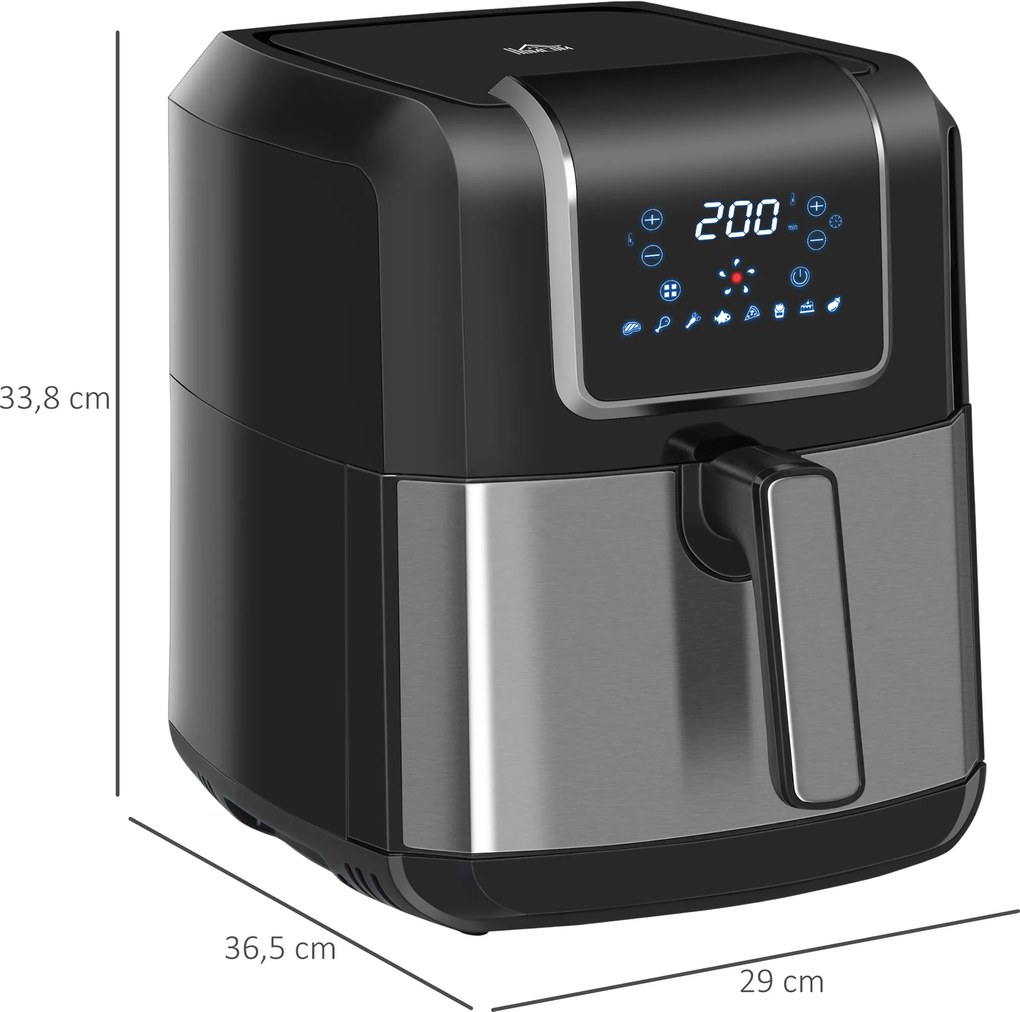 HOMCOM Horkovzdušná fritéza 6,5 l 1700 W, s 8 menu, LED displej, nepřilnavý koš pro zdravé vaření bez oleje, 36,5 x 29 x 33,8 cm | Aosom