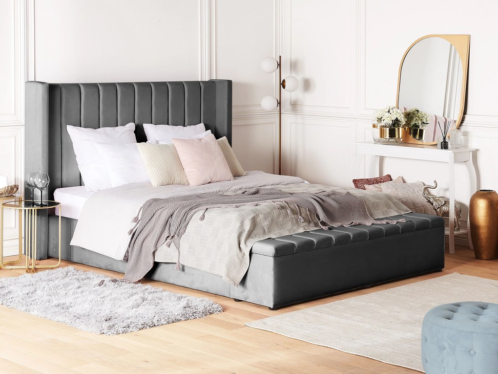 Šedá čalouněná sametová postel s malým úložným prostorem 160 x 200 cm NOYERS Beliani