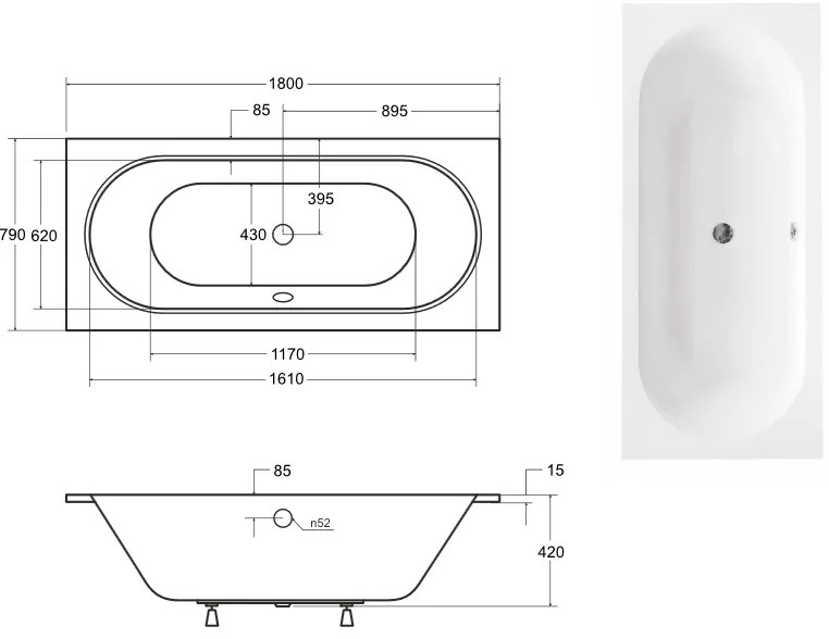 NIKIDO - B Akrylátová vana VITAE SLIM 150x75, 160x75, 170x75, 180x80 Velikost: 150x75