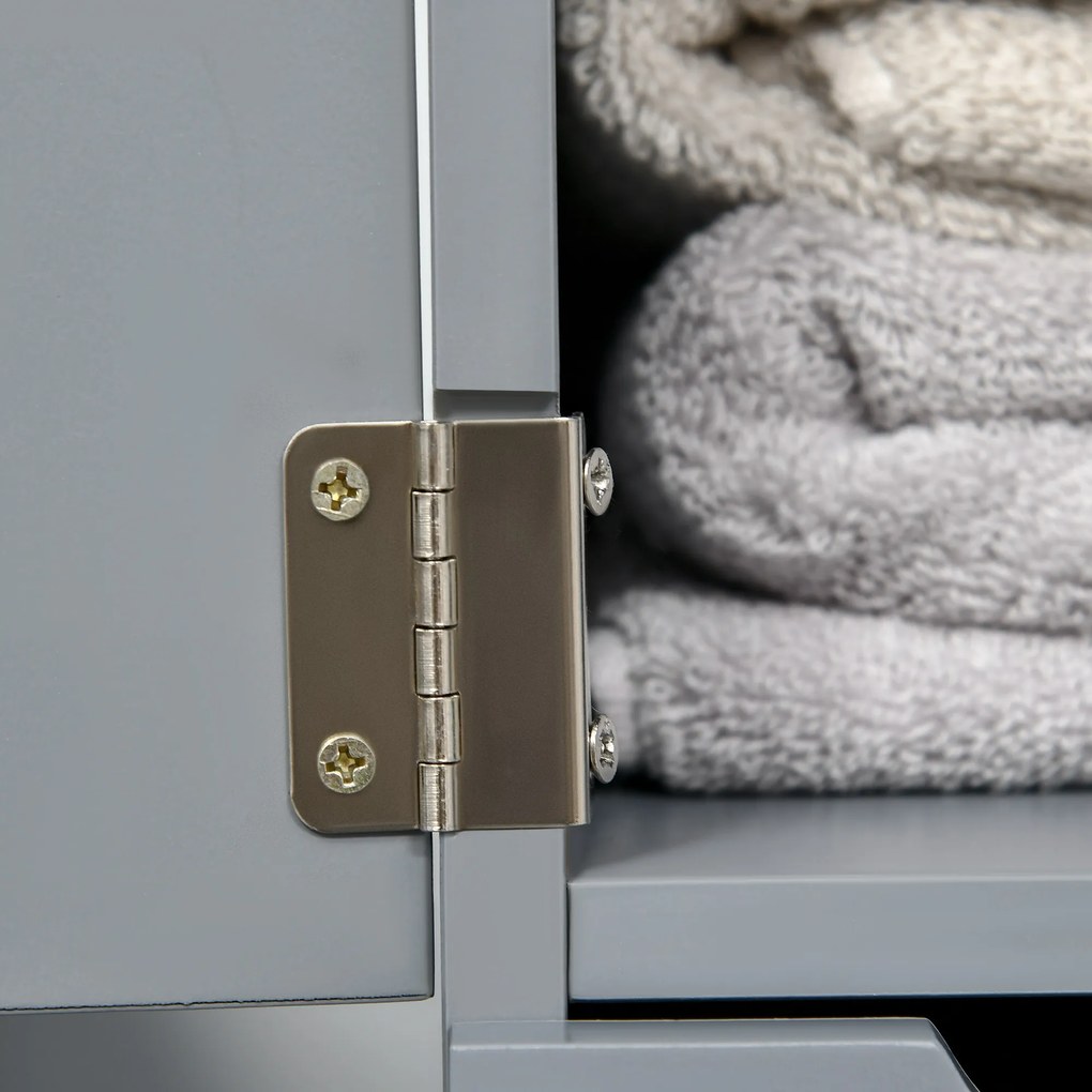 HOMCOM Moderní sloupcový koupelnový kabinet s 2 policemi, 2 zásuvkami a 1 bezpečnostním dvířkami 15x33x136,5 cm Šedý