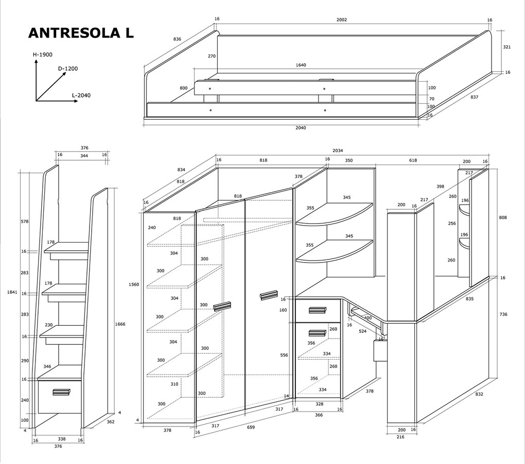 Rohová patrová postel Alina (P) Sonoma + modrá (s roštem)