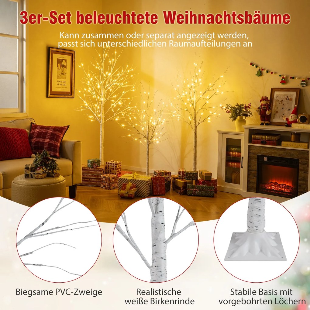 Costway Sada 3 svítících LED bříz 120/150/180 cm, bílá