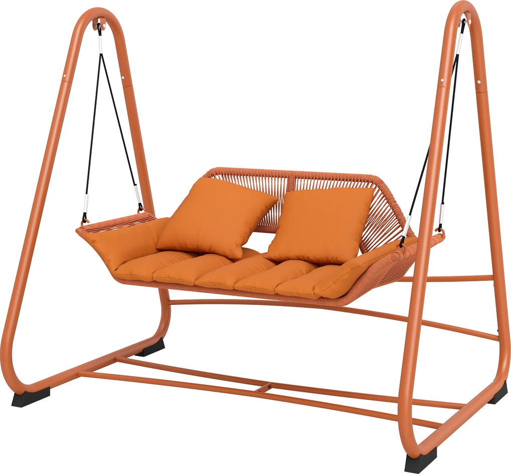 Outsunny Terrakota dvojmístná houpačka Hollywood s polštáři — závěsné lehátko na kovovém A-rámu pro zahradu, terasu a balkon (174 × 120 × 162 cm)