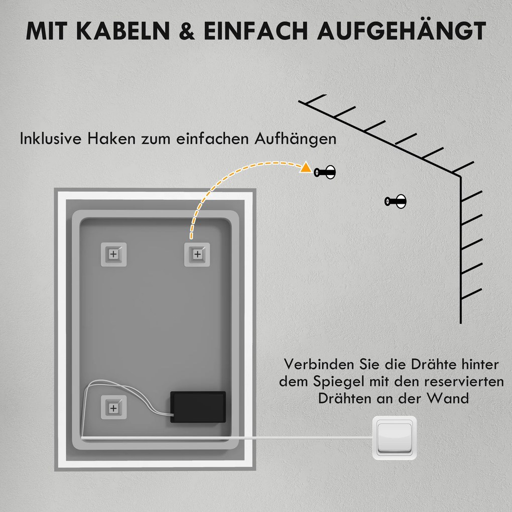 HOMCOM LED koupelnové zrcadlo 80x60cm, nástěnné, bez mlhy, s dotykovým spínačem, IP44 pro moderní koupelny