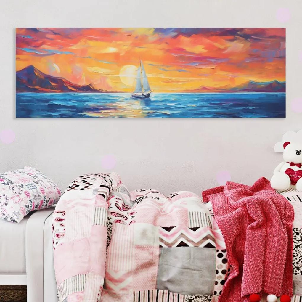 Obraz na plátně - Malá plachetnice a moře při západu slunce FeelHappy.cz Velikost obrazu: 120 x 40 cm