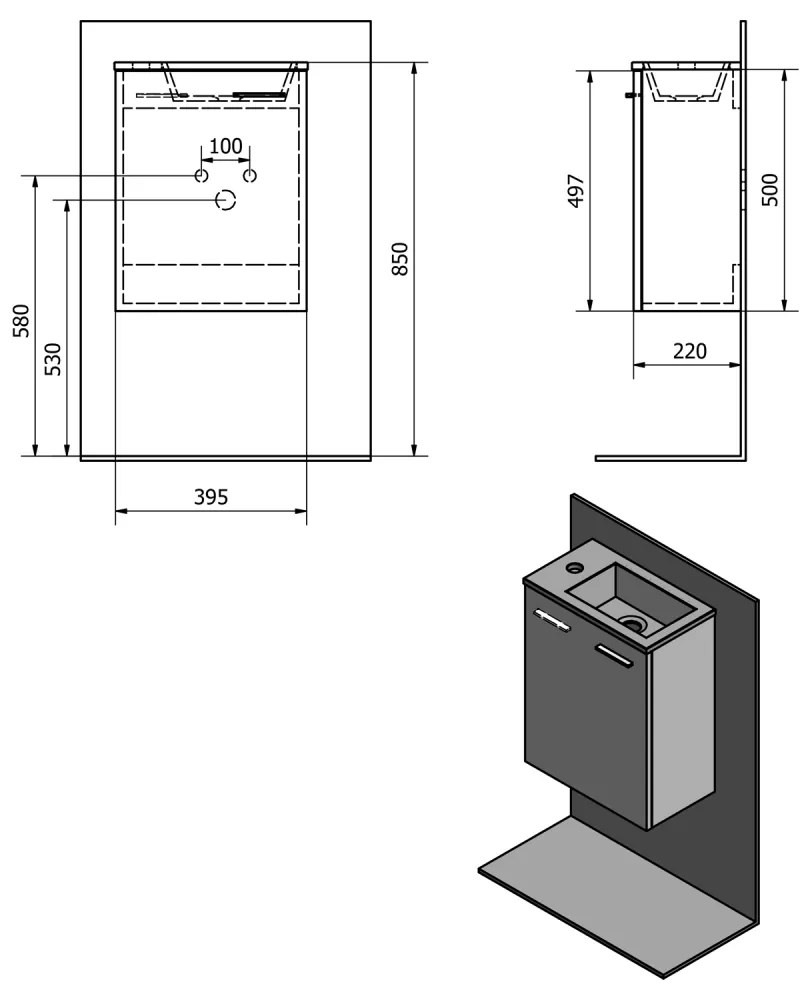 Aqualine ZOJA skříňka s keramickým umyvadlem 40x22 cm, dub platin 51049DP-02