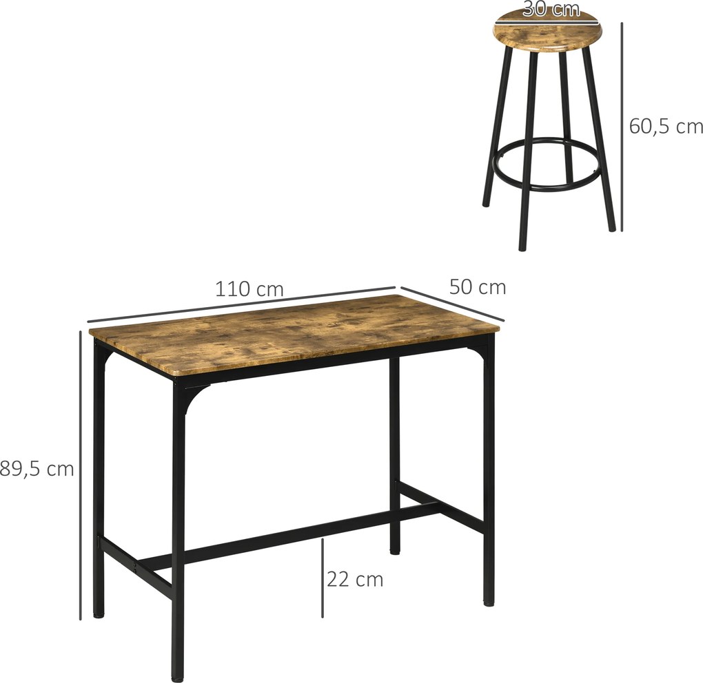 HOMCOM Barový set 5 ks se 4 barovými židlemi Kuchyňský stůl v industriálním designu rustikálně hnědý kovový jídelní set do kuchyně a baru | Aosom.de