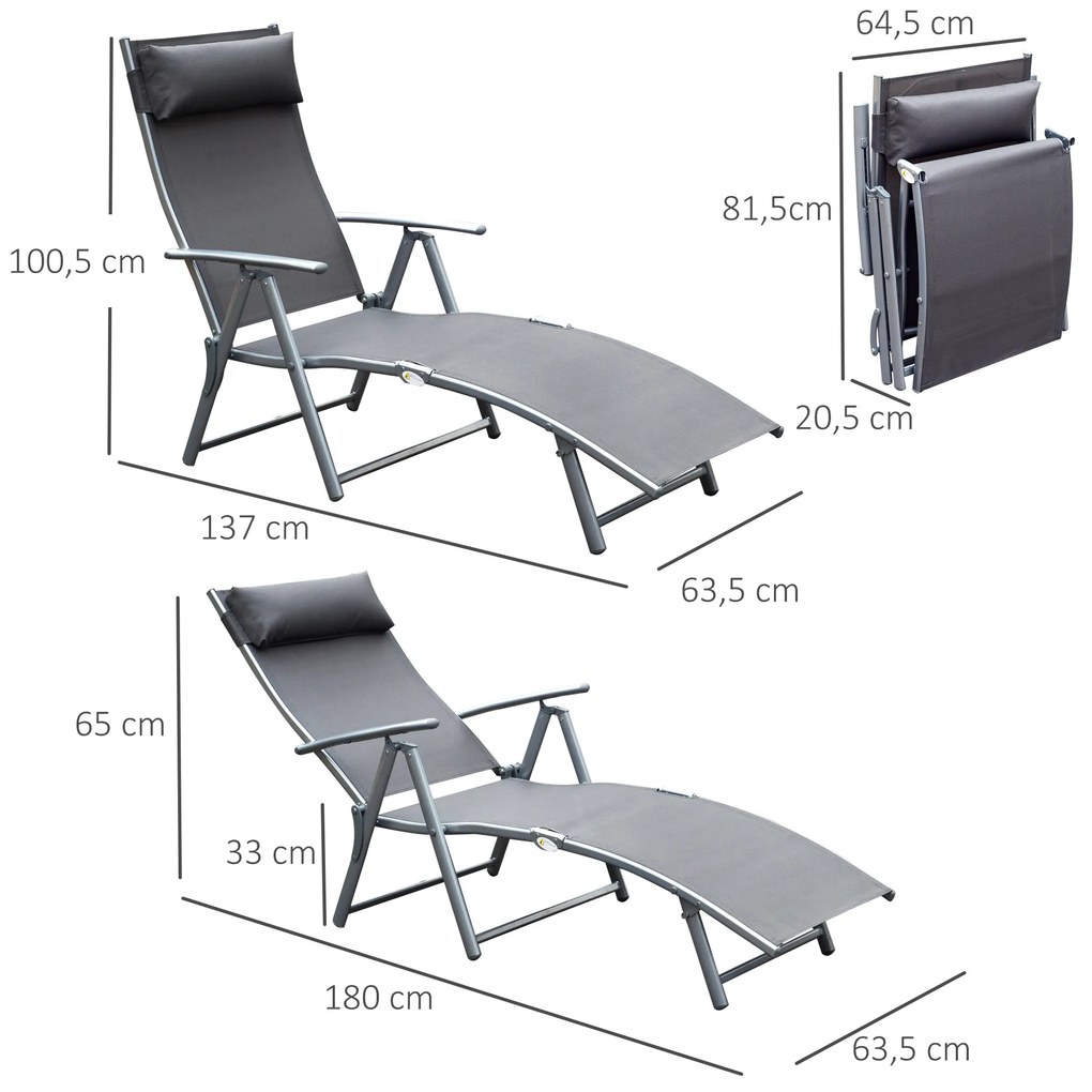 Zahradní lehátko Outsunny, skládací, nastavitelné s polštářem, lehátko šedé, kov a látka 137 x 63,5 x 100,5 cm pro zahradu a terasu